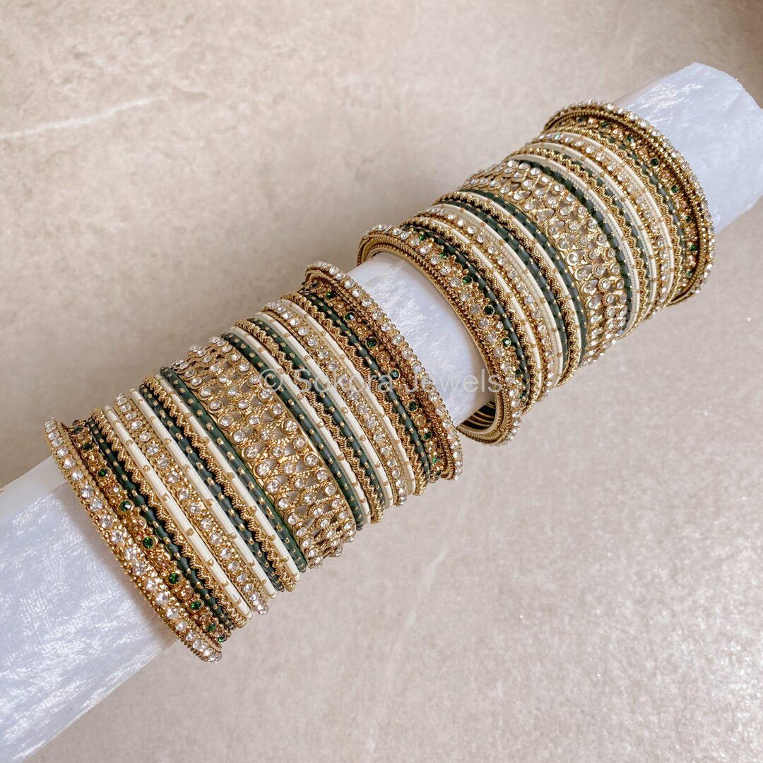 Arabella Bangle Set - Green & Ivory - Etsy