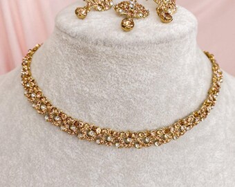 Gold Plated CZ Crystal American Diamond Floral Choker Necklace Earring ...