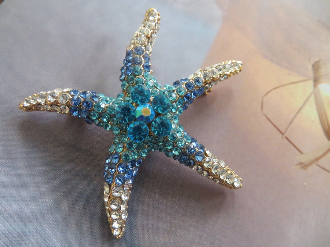 Blue Crystal Starfish Brooch Gold Rhinestone Brooches for Women, Sea ...
