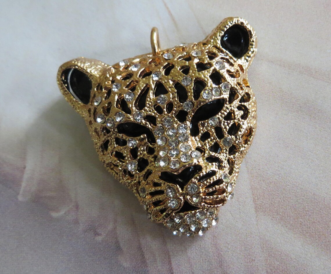 PENDANT LEOPARD CRYSTAL Bead Gold Cat Large Charm Rhinestone | Etsy
