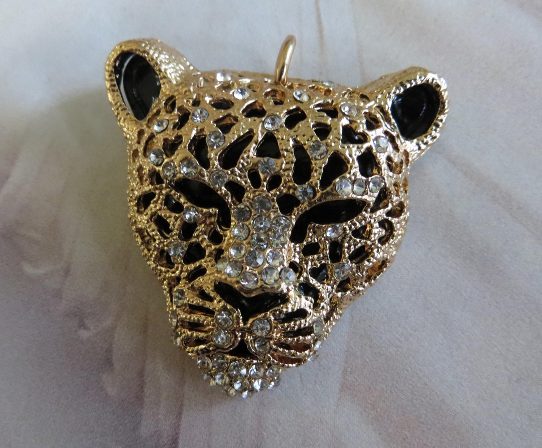 PENDANT LEOPARD CRYSTAL Bead Gold Cat Large Charm Rhinestone Metal ...