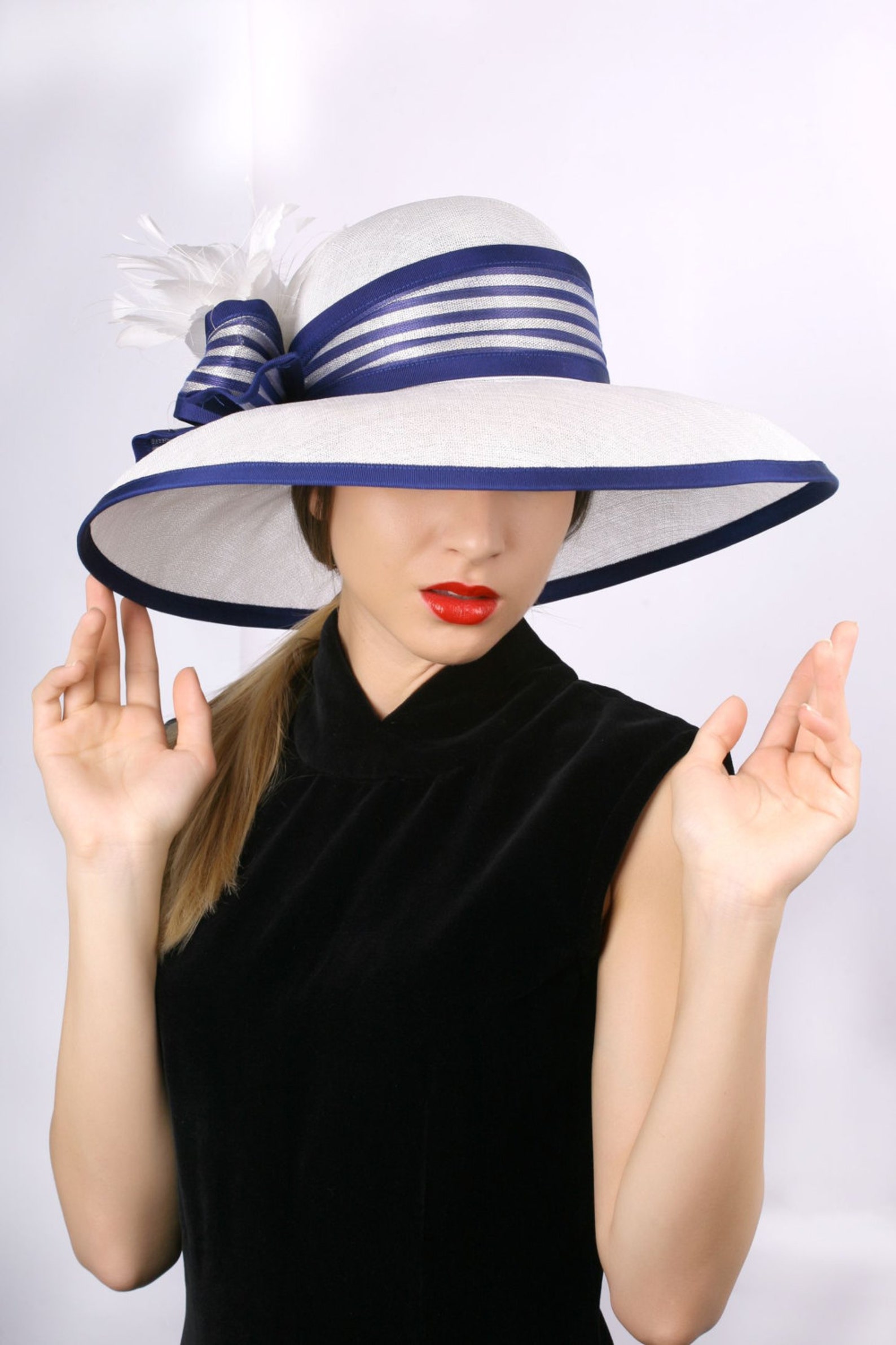 White Royal Blue Hat, Widebrim Hat, Summer Sun Hat, Kentucky Derby Hat ...