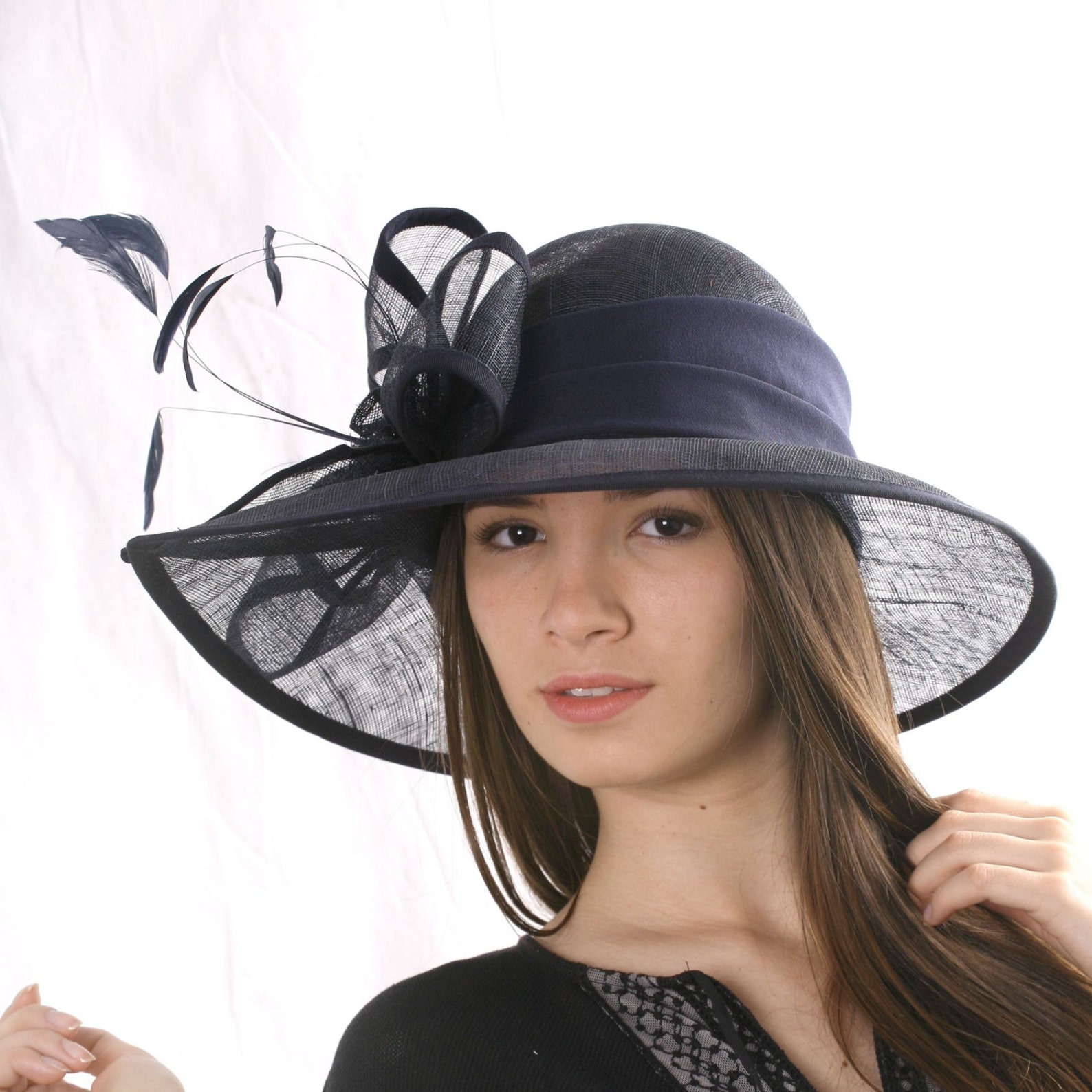 Derby Style Hat, Navy Wide-brim Hat, Kentucky Derby Hat, Asymmetric Sun ...