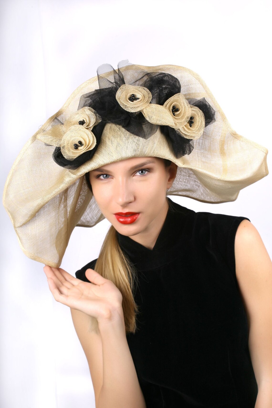 Ivory With Black Hat, Wide Brim Hat, Summer Sun Hat, Kentucky Derby Hat ...