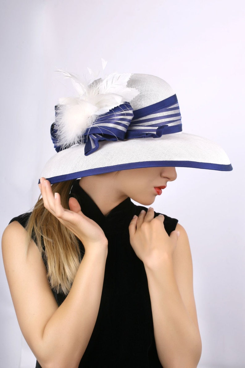 White Royal Blue Hat, Widebrim Hat, Summer Sun Hat, Kentucky Derby Hat ...