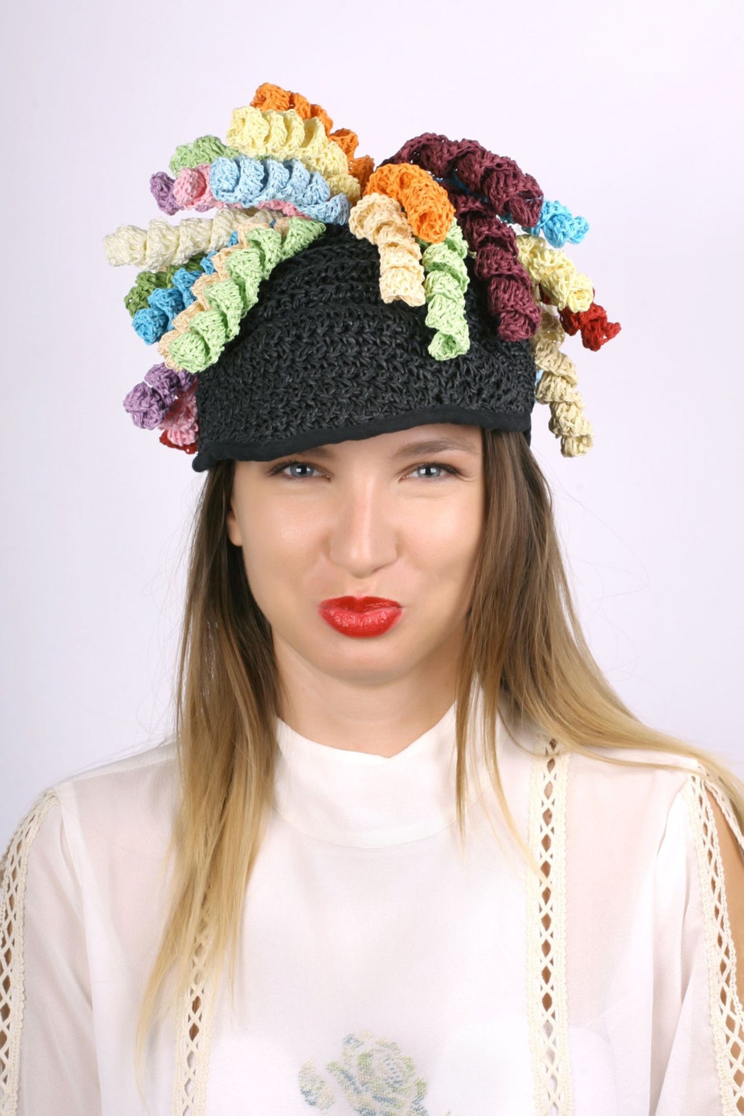 Funny Knitted Cap, Summer Crocheted Hat, Colored Statement Hat, Black ...