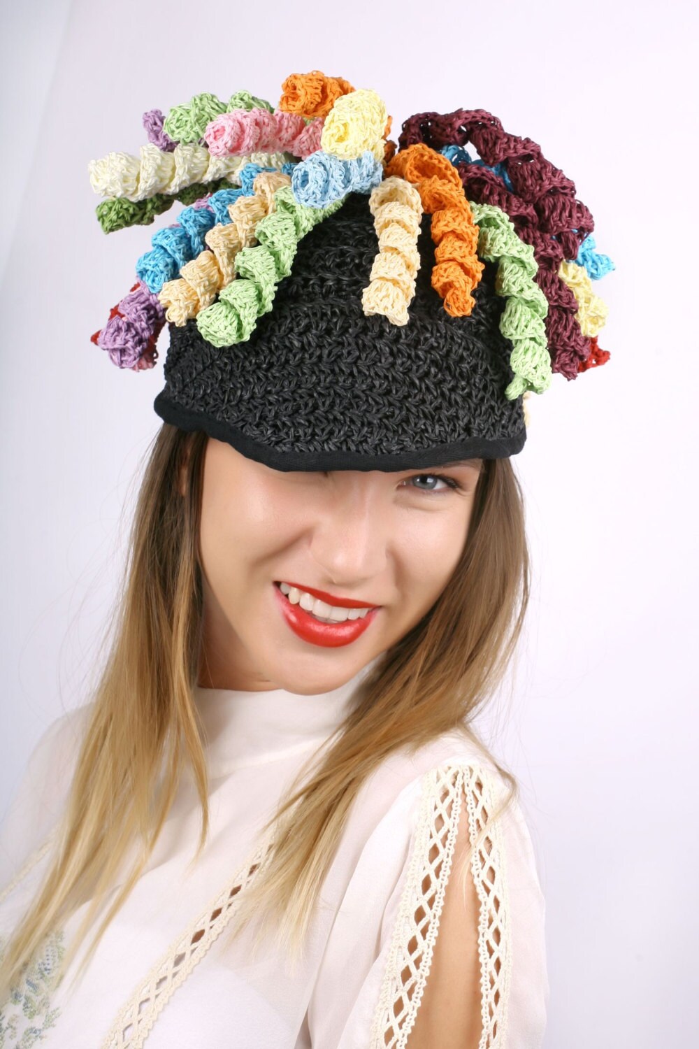 Funny Knitted Cap, Summer Crocheted Hat, Colored Statement Hat, Black ...