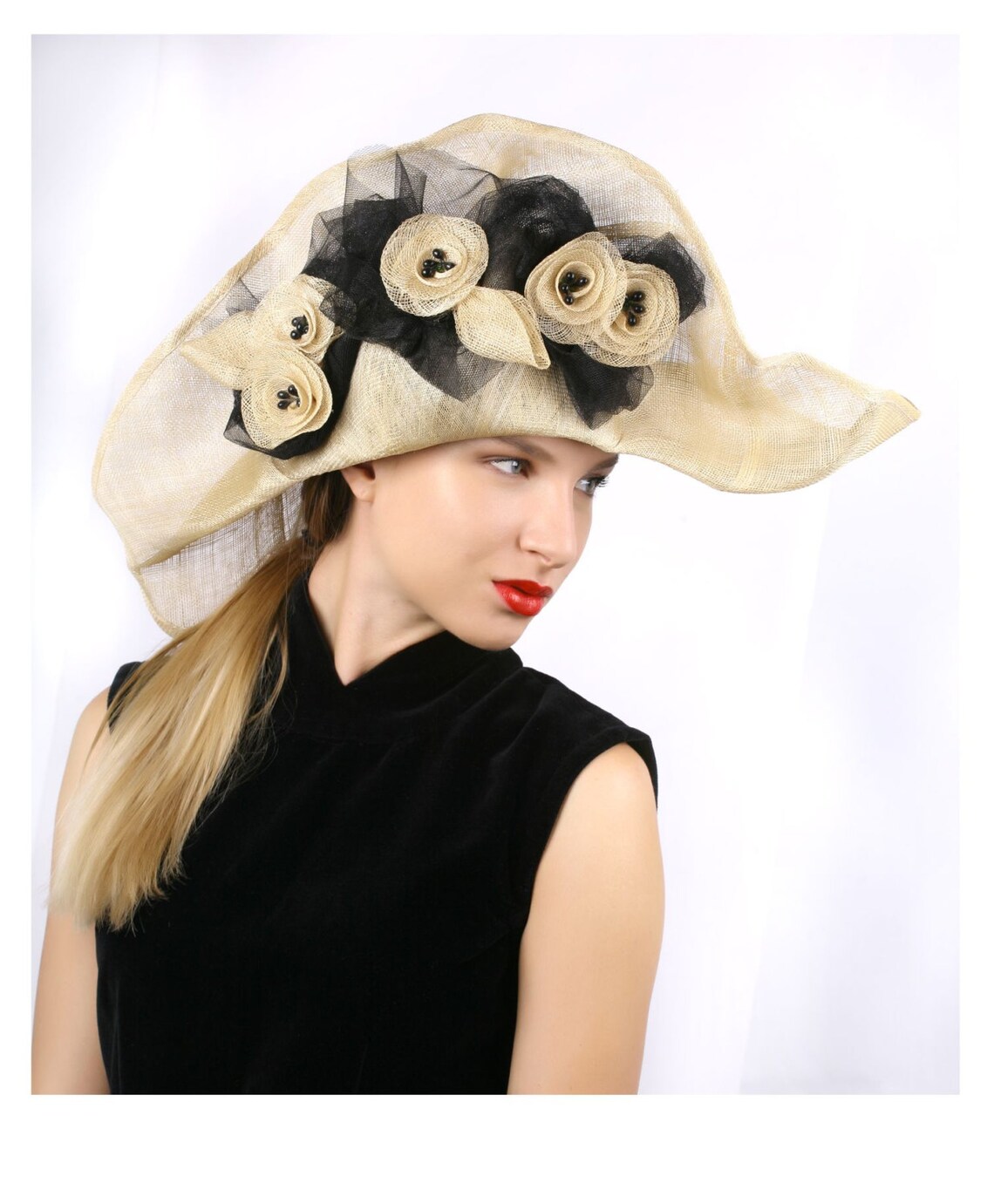 Ivory With Black Hat, Wide Brim Hat, Summer Sun Hat, Kentucky Derby Hat ...