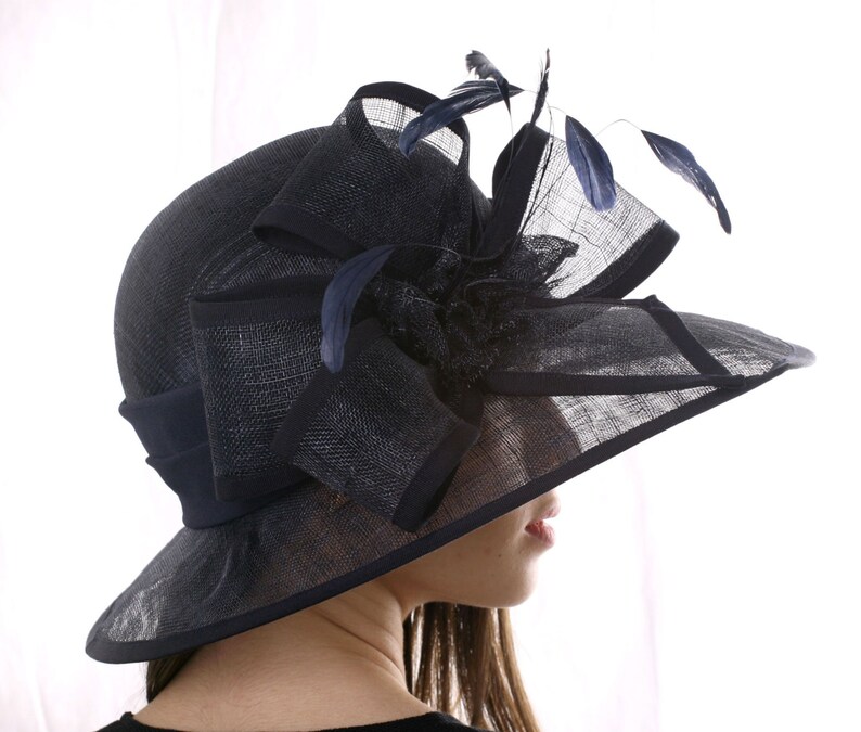 Derby Style Hat, Navy Wide-brim Hat, Kentucky Derby Hat, Asymmetric Sun ...