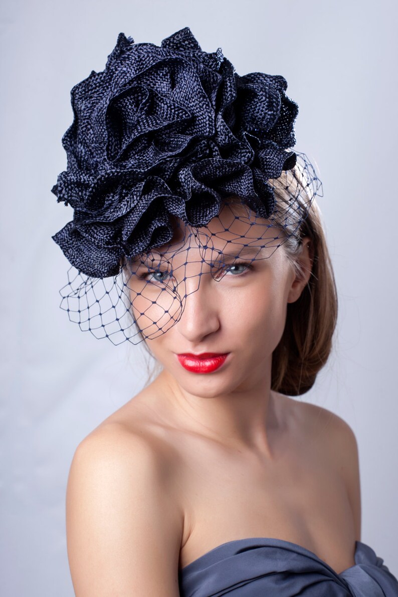 Elegant Navy Hat, Veiled Derby Headpiece, Royal Ascot Fascinator ...