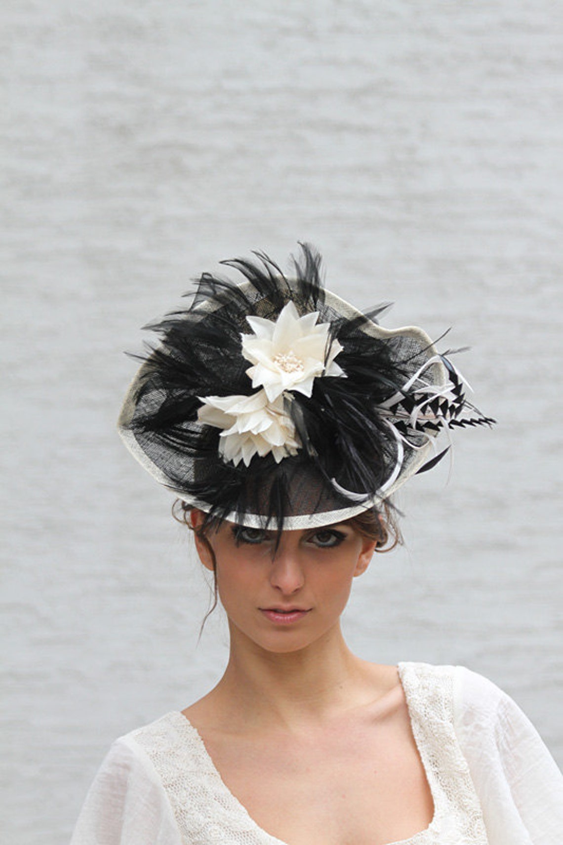 Black Cream Fascinator Hat, Melbourne Cup Hat, Royal Ascot Hat, Wedding ...