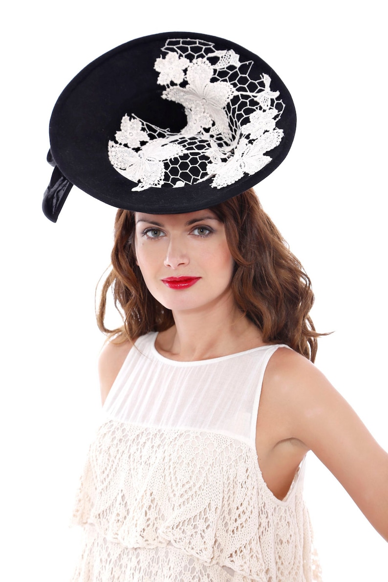 Statement Black Hat, Lace Felt Hat, Black Felt Fascinator, White Lace ...