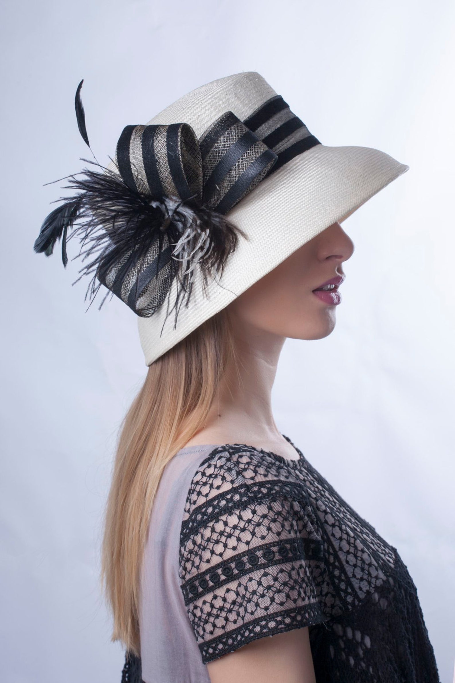 Ivory Black Hat Widebrim Hat Summer Sun Hat Kentucky Derby - Etsy UK