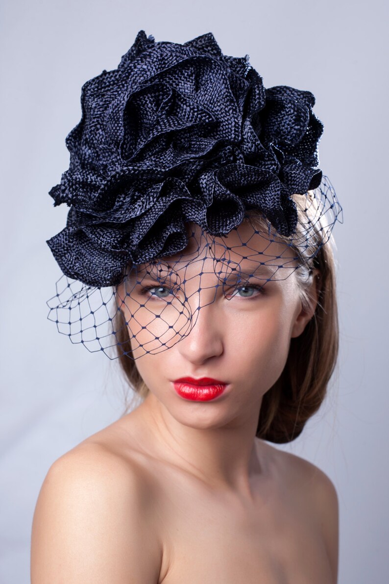 Elegant Navy Hat Veiled Derby Headpiece Royal Ascot - Etsy