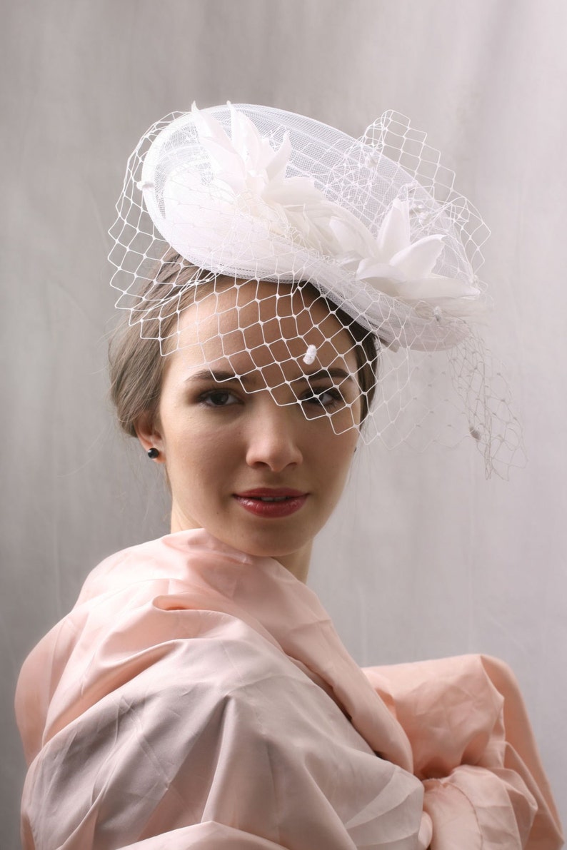 White Veiled Wedding Hat, Spring Summer Wedding Fascinator, Bridal ...