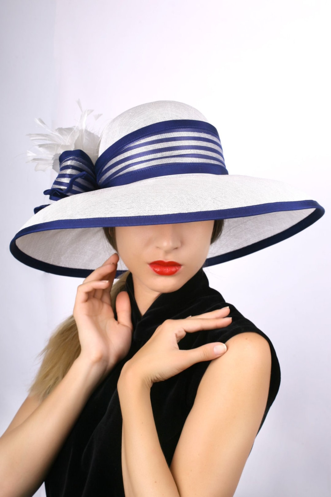 White Royal Blue Hat, Widebrim Hat, Summer Sun Hat, Kentucky Derby Hat ...