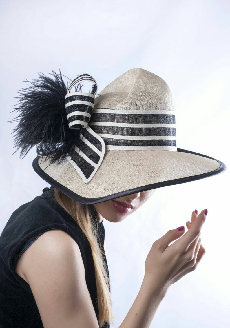 Melbourne Cup Hat, Cream and Black Hat, Summer Sun Hat, Kentucky Derby ...