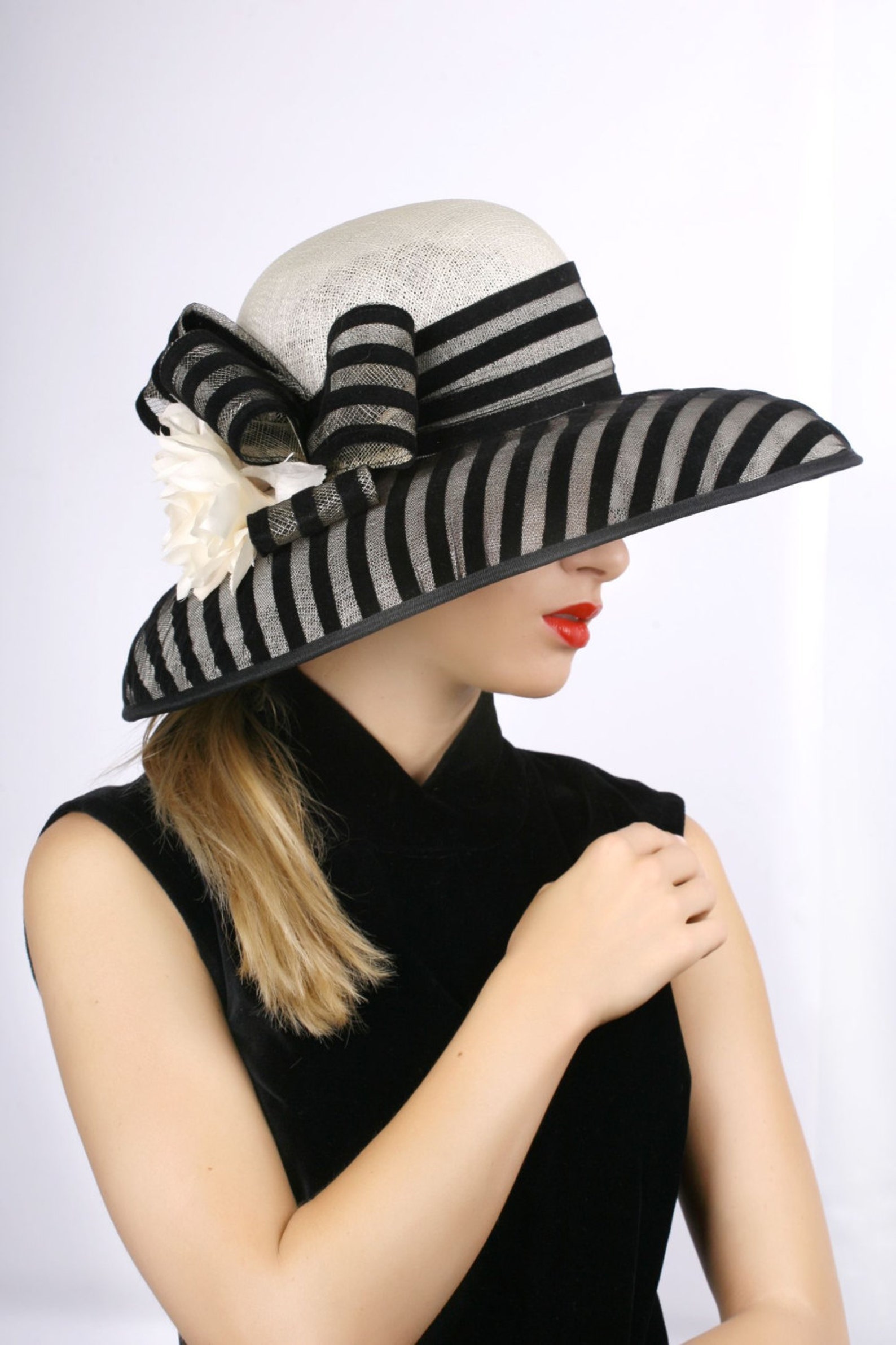 Ivory With Black Hat, Wide Brim Hat, Summer Sun Hat, Kentucky Derby Hat ...