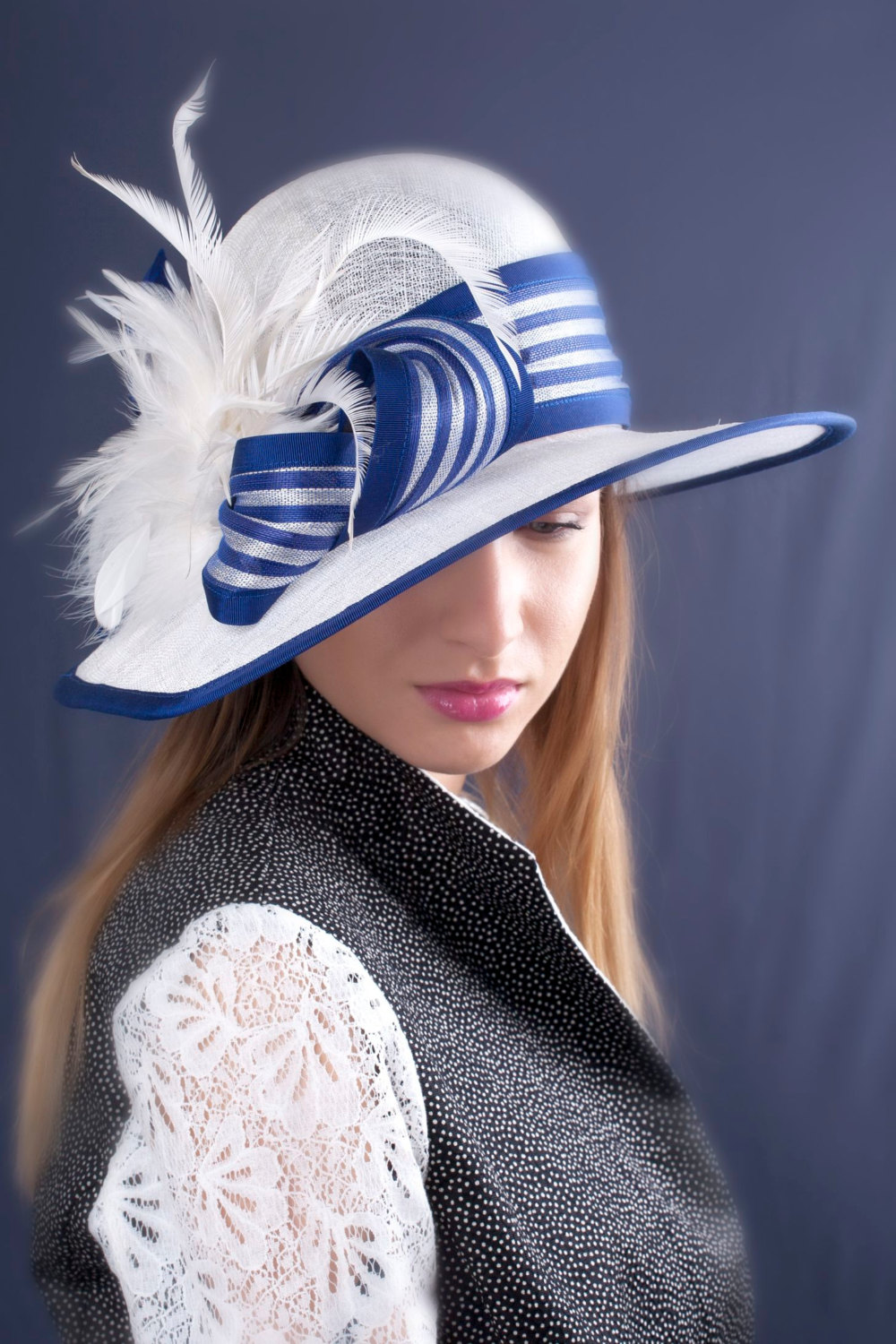 White Royal Blue Hat, Widebrim Hat, Summer Sun Hat, Kentucky Derby Hat ...