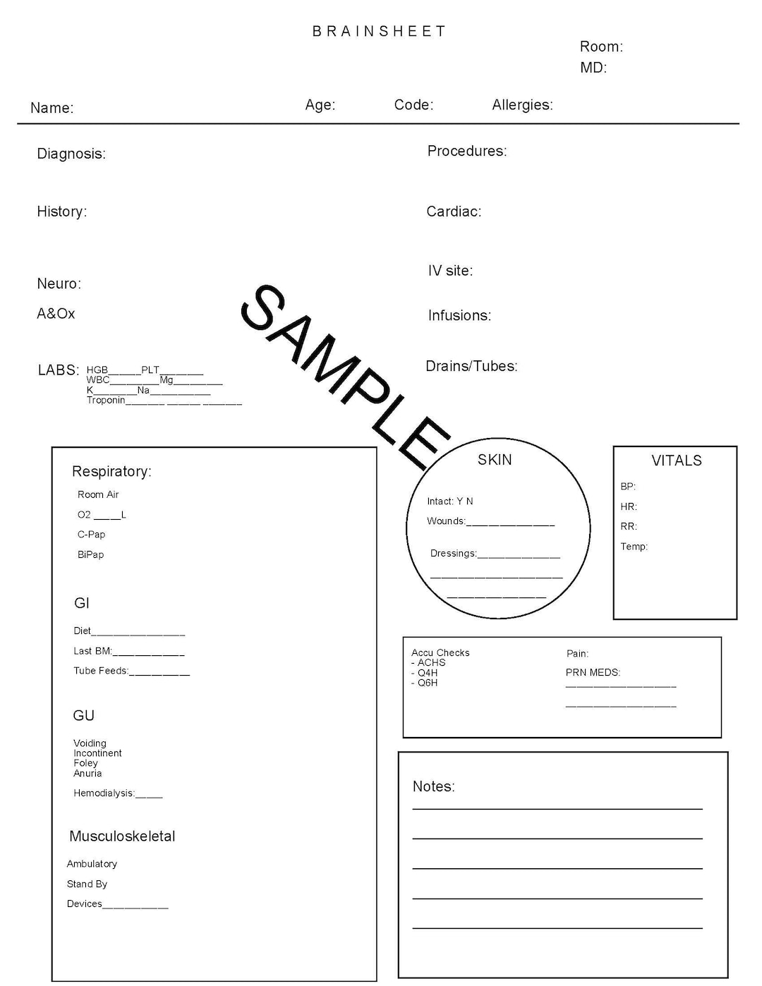 Simple Nurse Brain Sheet - Med-surg, Tele, PCU Etc. - Etsy