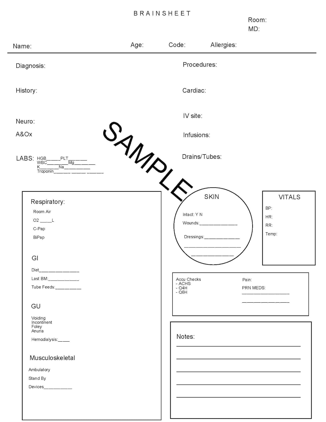 Simple Nurse Brain Sheet - Med-surg, Tele, PCU Etc. - Etsy