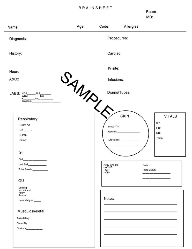 Simple Nurse Brain Sheet - Med-surg, Tele, PCU Etc. - Etsy
