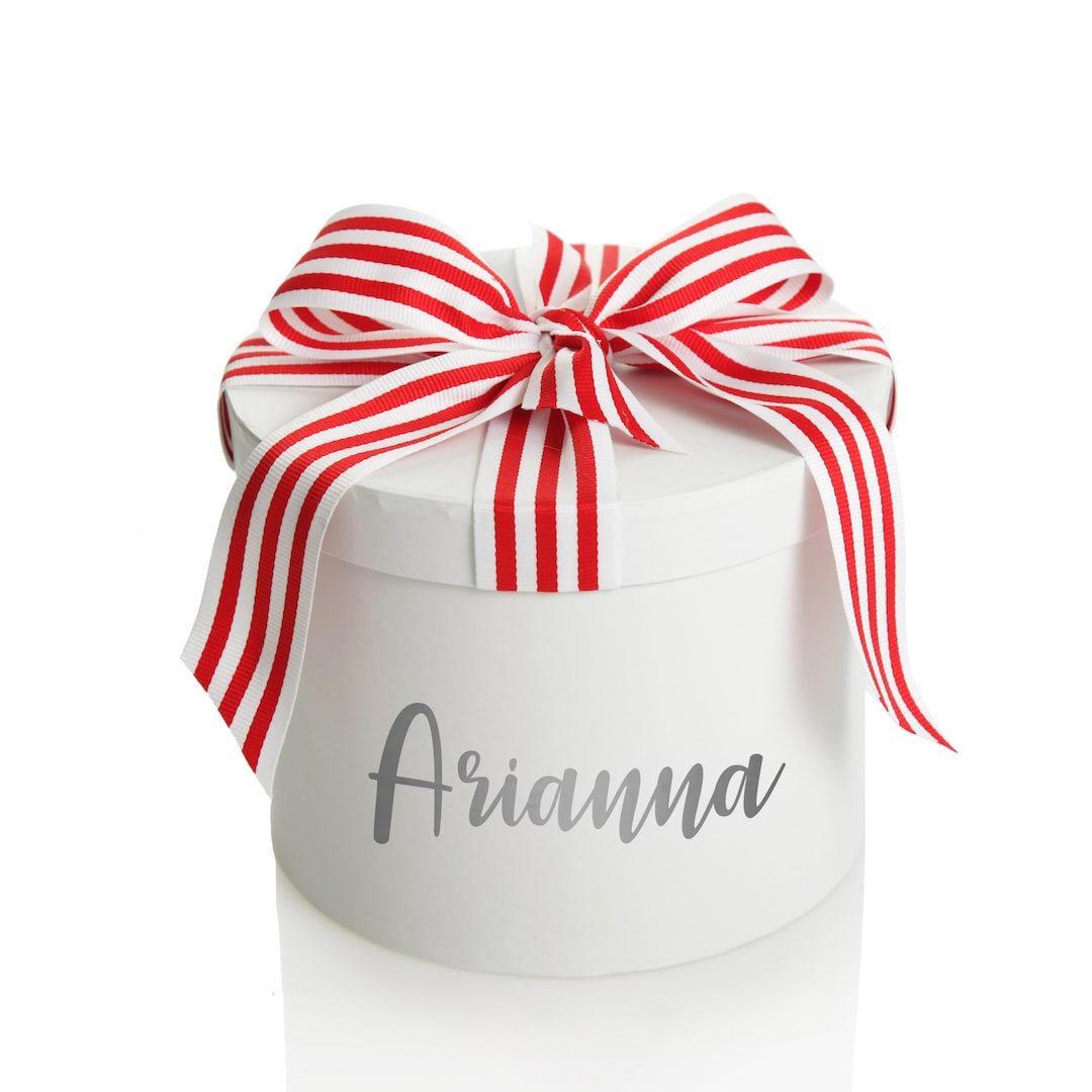 Personalised White Round Gift Box With Candy Cane Ribbon Bow - Etsy