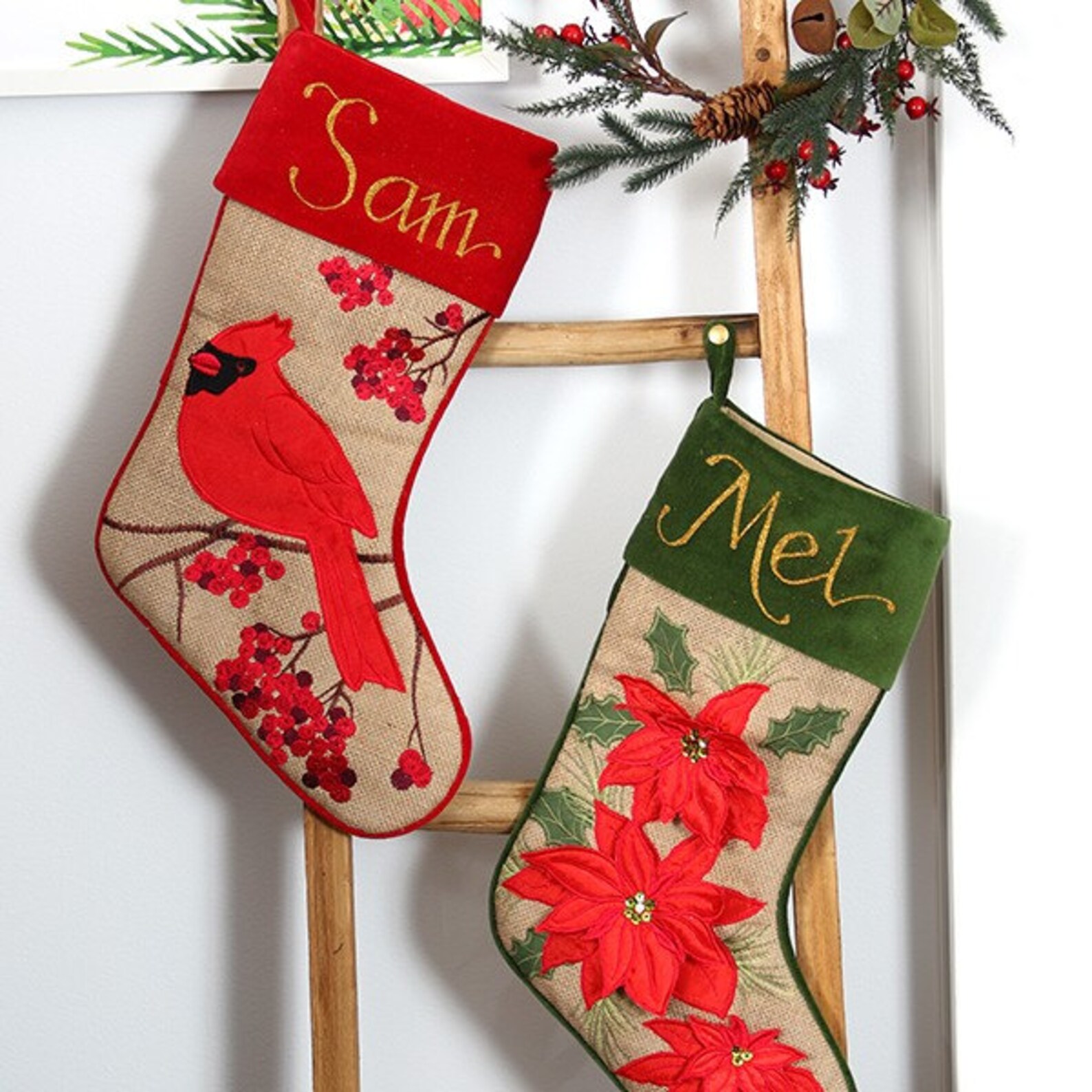 Personalised Burlap Cardinal Bird Christmas Stocking | Etsy