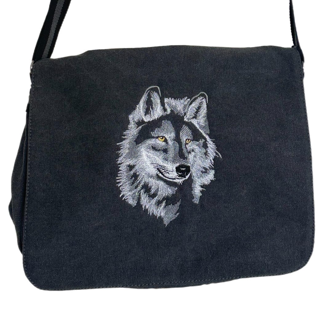 Wolf Embroidered Bag, Cotton Canvas Vintage Black Messenger Bag - Etsy