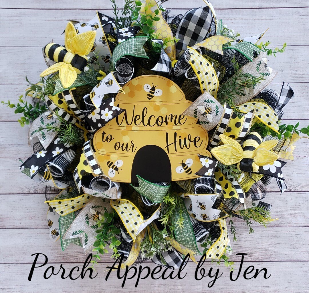 Spring Bee Wreath With Beehive Sign and Greenery, Welcome to Our Hive ...
