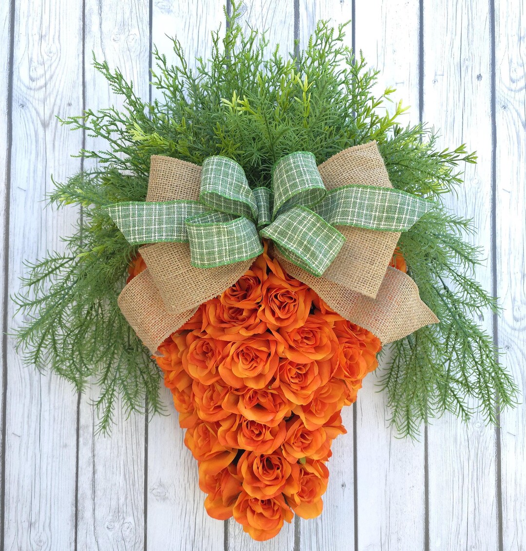 Spring Carrot Shaped Wreath With Orange Roses, Greenery & Burlap Bow ...