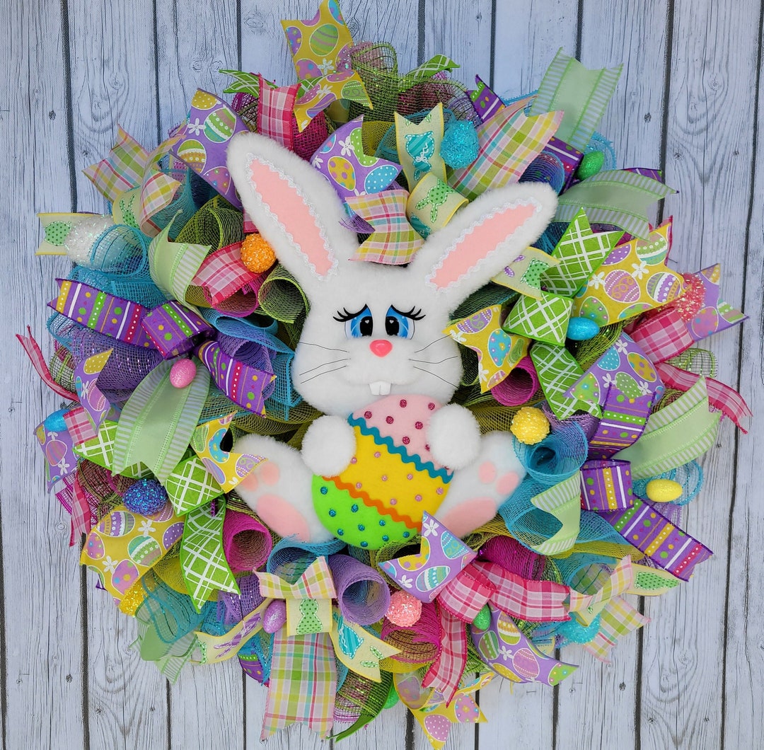 Easter Bunny Door Wreath, Easter Egg Decor, Spring Front Door Wreath ...