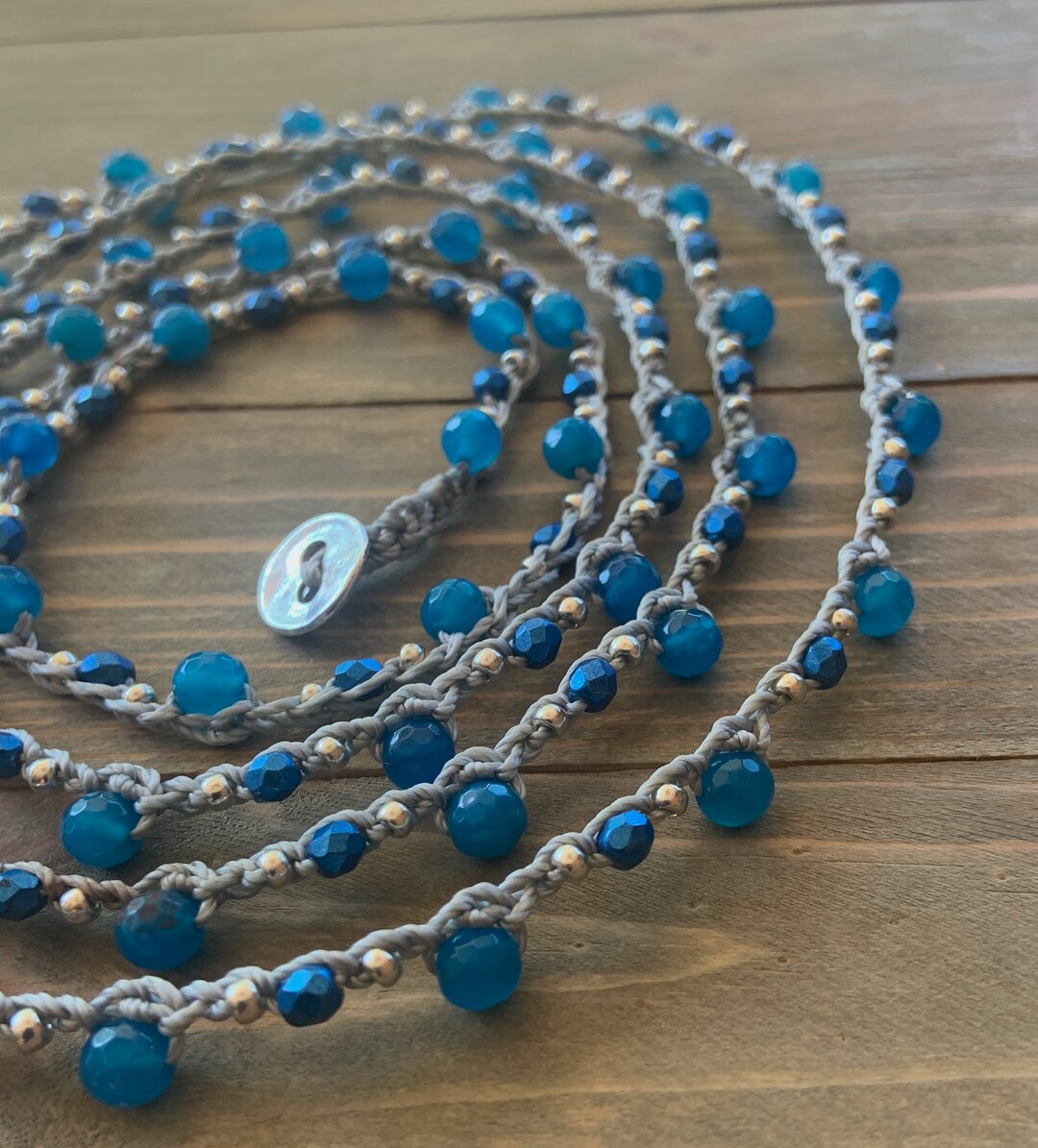Bright Blue Crochet Necklace, Faceted Sky Blue Agate Beads, Metallic ...