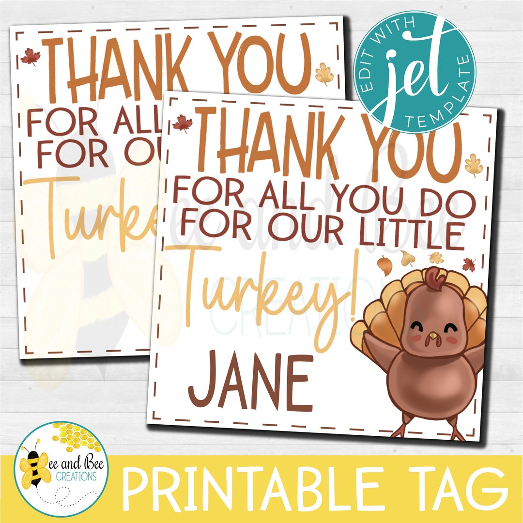 Turkey Thank You Gift Tags: Thanksgiving Party Favors (PNG, PDF, JPG ...