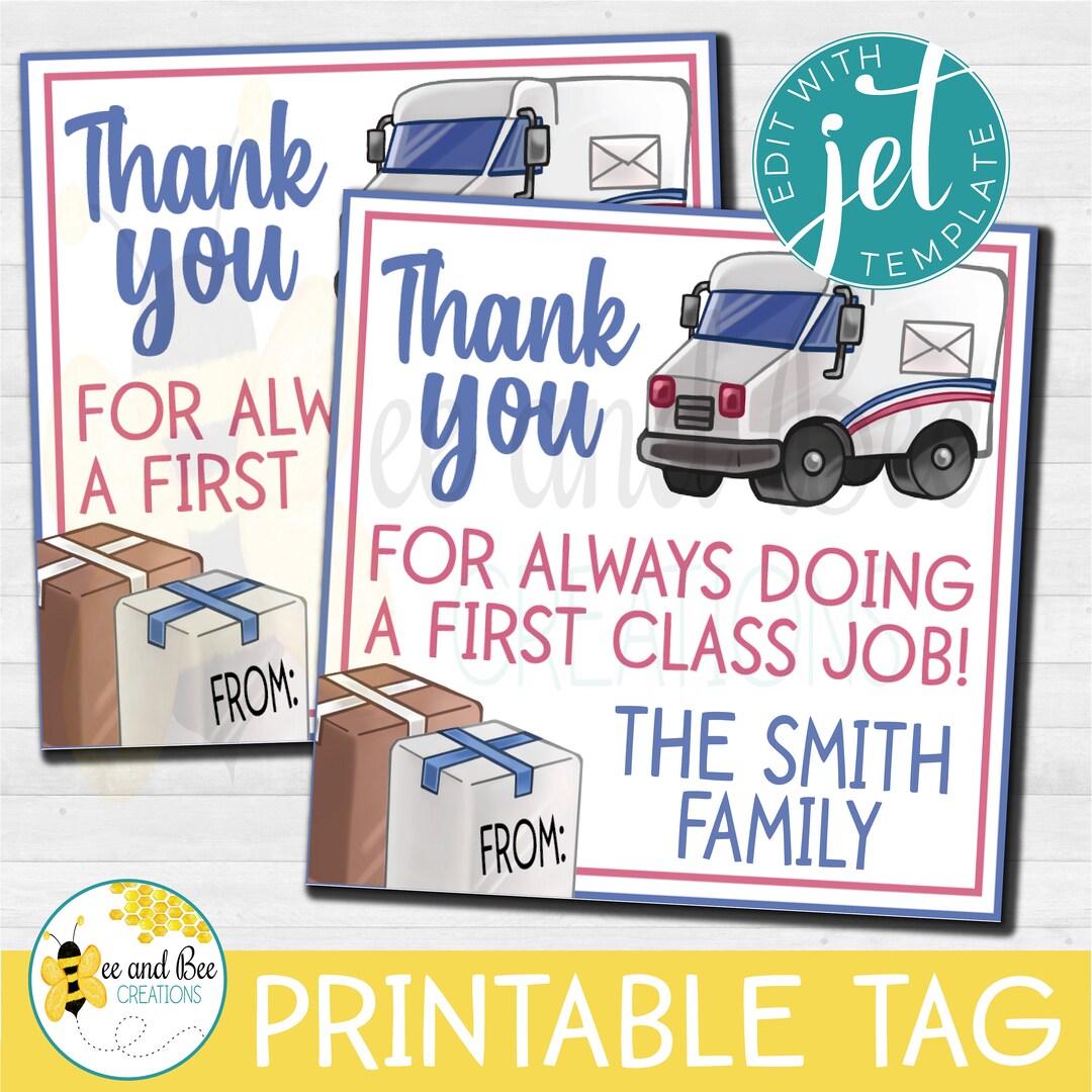 Mailman Thank You Tag: 'first Class Job' Printable (2.5x2.5 Inches) - Etsy