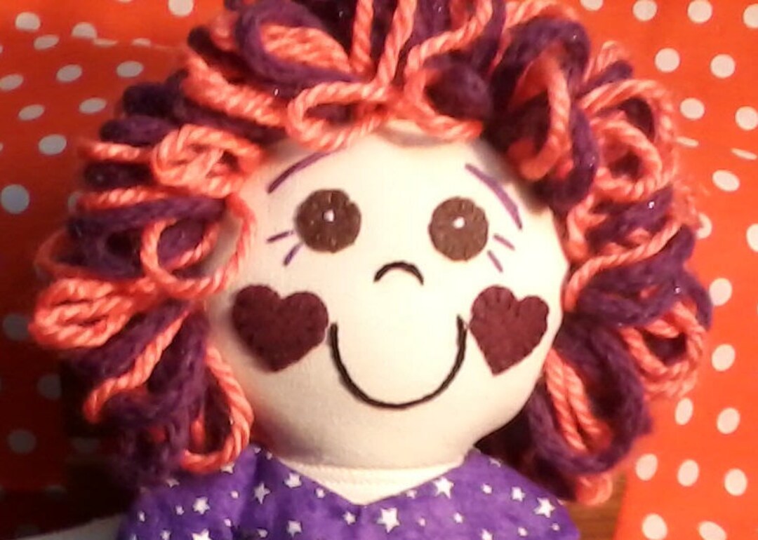 BUFFY BOO Rag Doll, Purple Hair, Large Doll, Doll Clothes, Small Purse ...