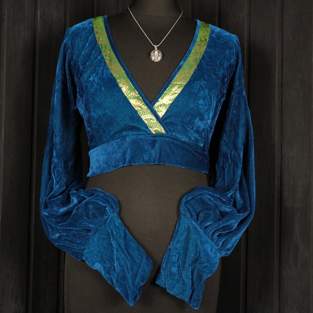 SORCERESS VELVET CHOLI, Blue, Cropped, Long-sleeved Top, Open Back ...