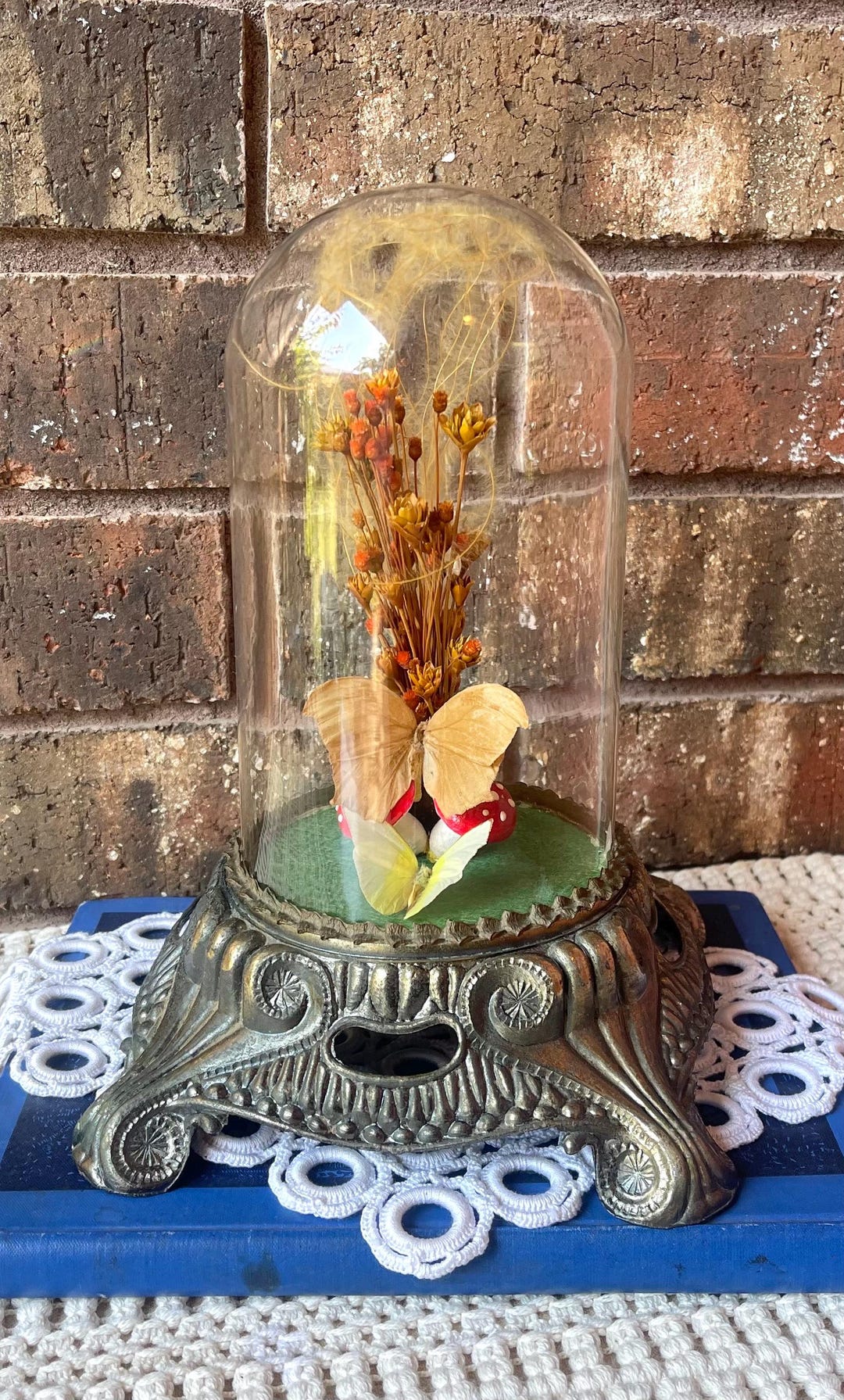 Vintage Mcm Glass Dome Diorama Butterfly Moth Mushroom Floral Display ...