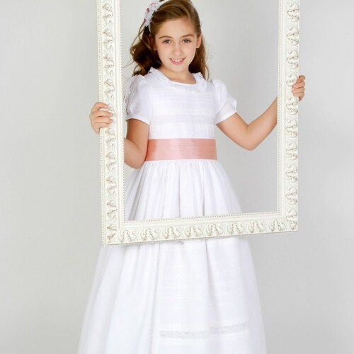 First Communion Linen Dress Pink Silk Sash. White Lace in All | Etsy