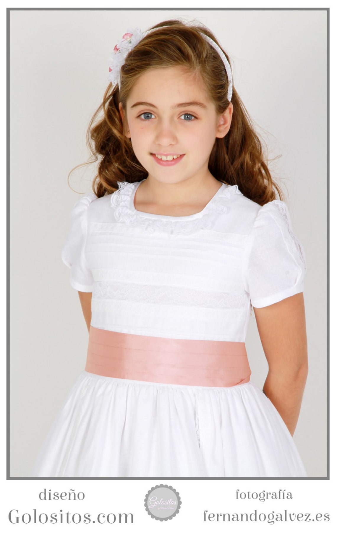 First Communion Linen Dress Pink Silk Sash. White Lace in All | Etsy