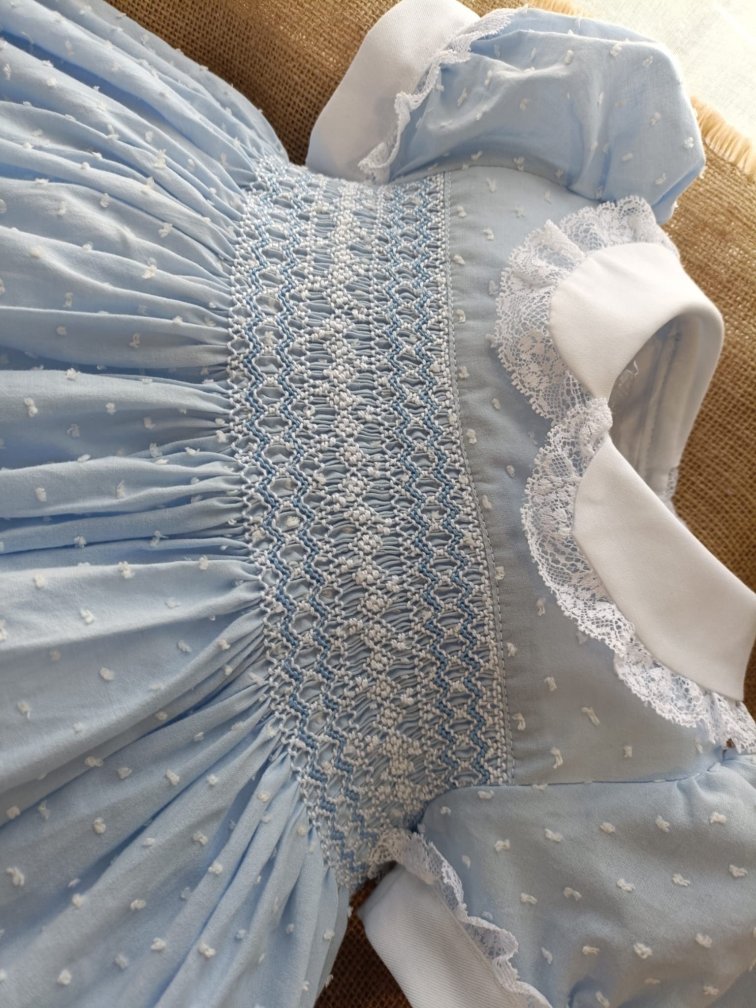 Front and Back Girl's Smocking Dress Made in Swiss Ivory Cotton Dots ...
