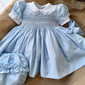 Front and Back Girl's Smocking Dress Made in Swiss Ivory Cotton Dots ...