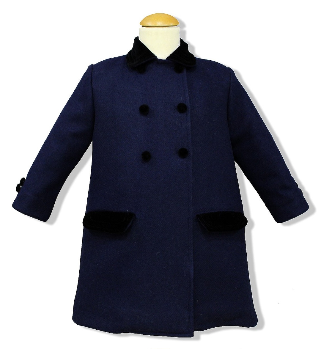 Navy Blue Double Breasted Children Wool Coat, With Royal Blue Velvet ...
