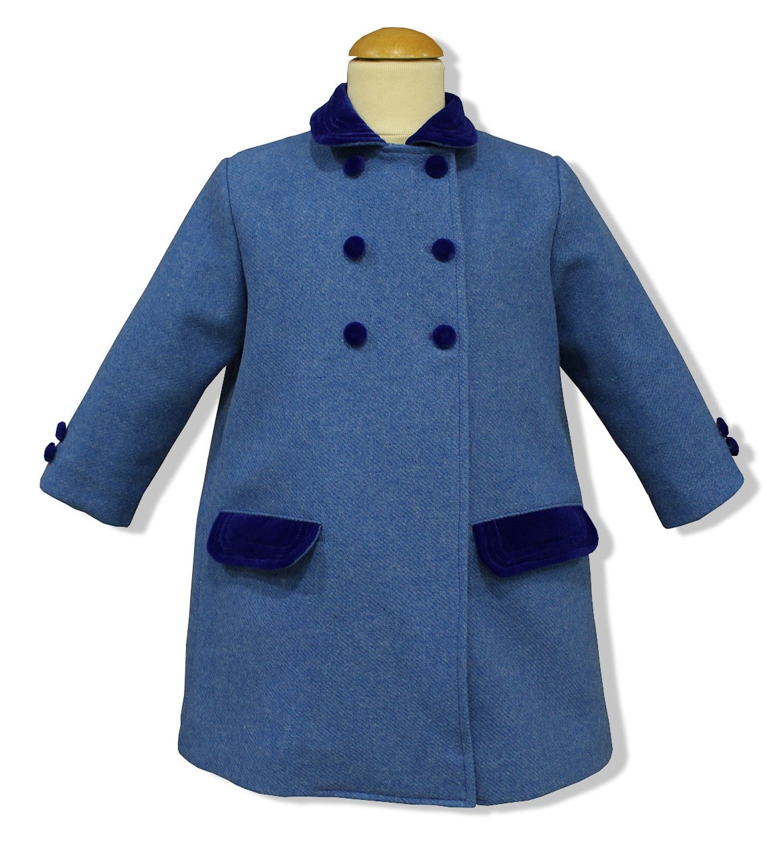 French Blue Double Breasted Children Wool Coat, With Royal Blue Velvet ...
