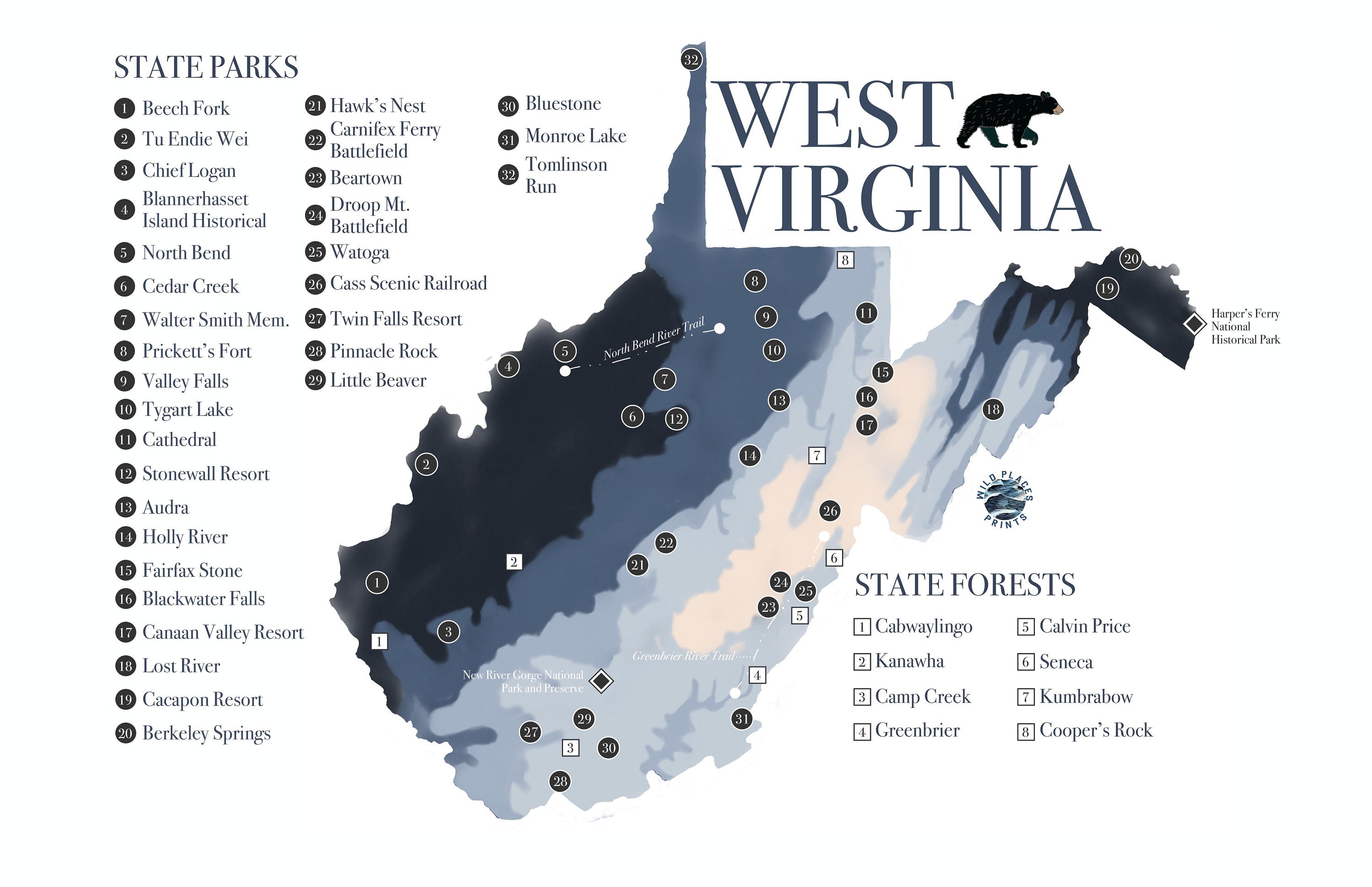West Virginia State Parks Map with State Forests and Trails | Etsy