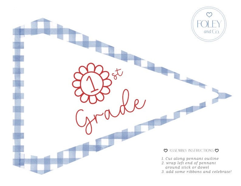 First Day of First Grade Printable Pennant Flag Gingham Flower - Etsy