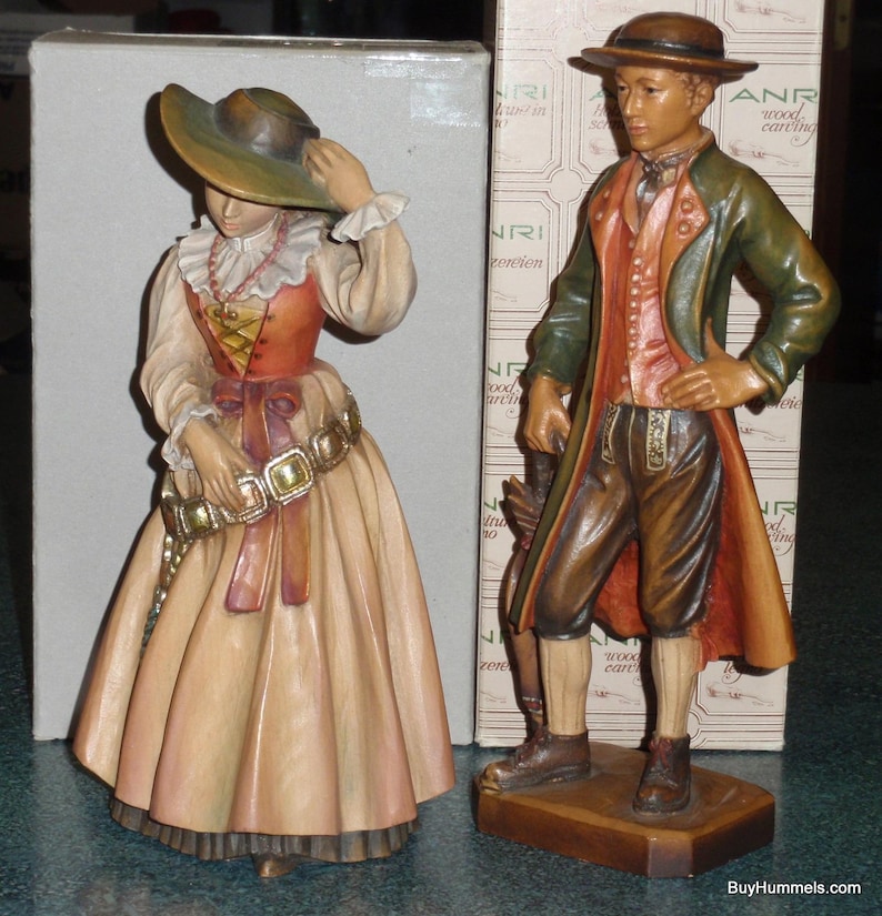 10" Anri Wood Carving Figurines Pair Set Old Man Groedner & Old Woman ...