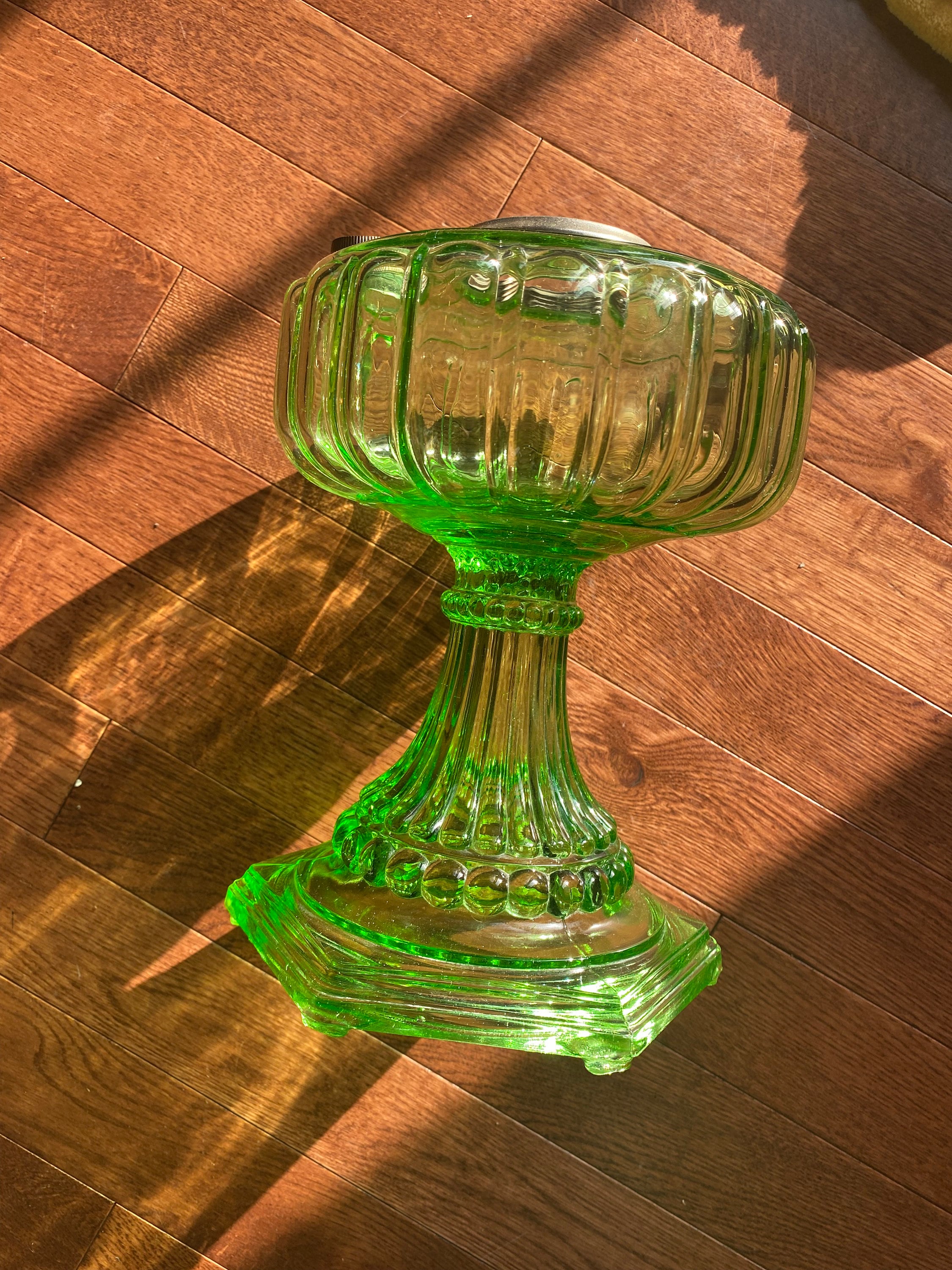 Vaseline Glass Oil Lamp Base, Uranium Glass, Pre War Glass, Americana ...