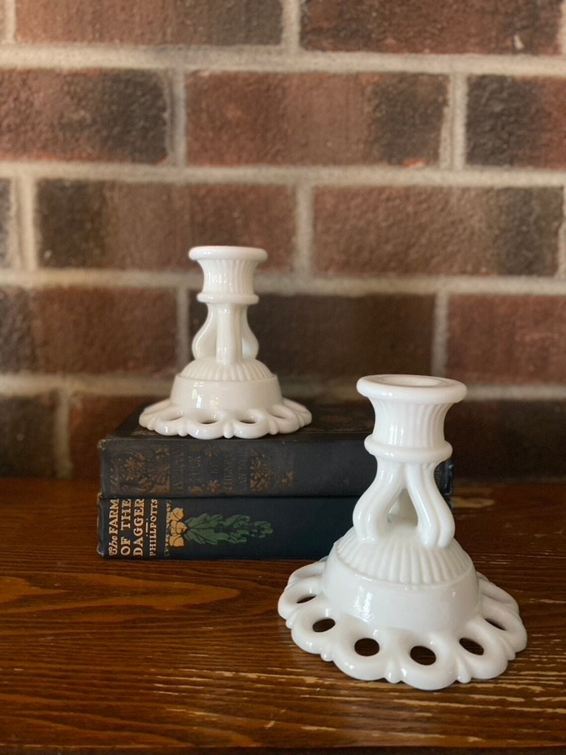 Doric Pattern Pair of Milk Glass Candle Holders, Vintage Decor, Shabby ...