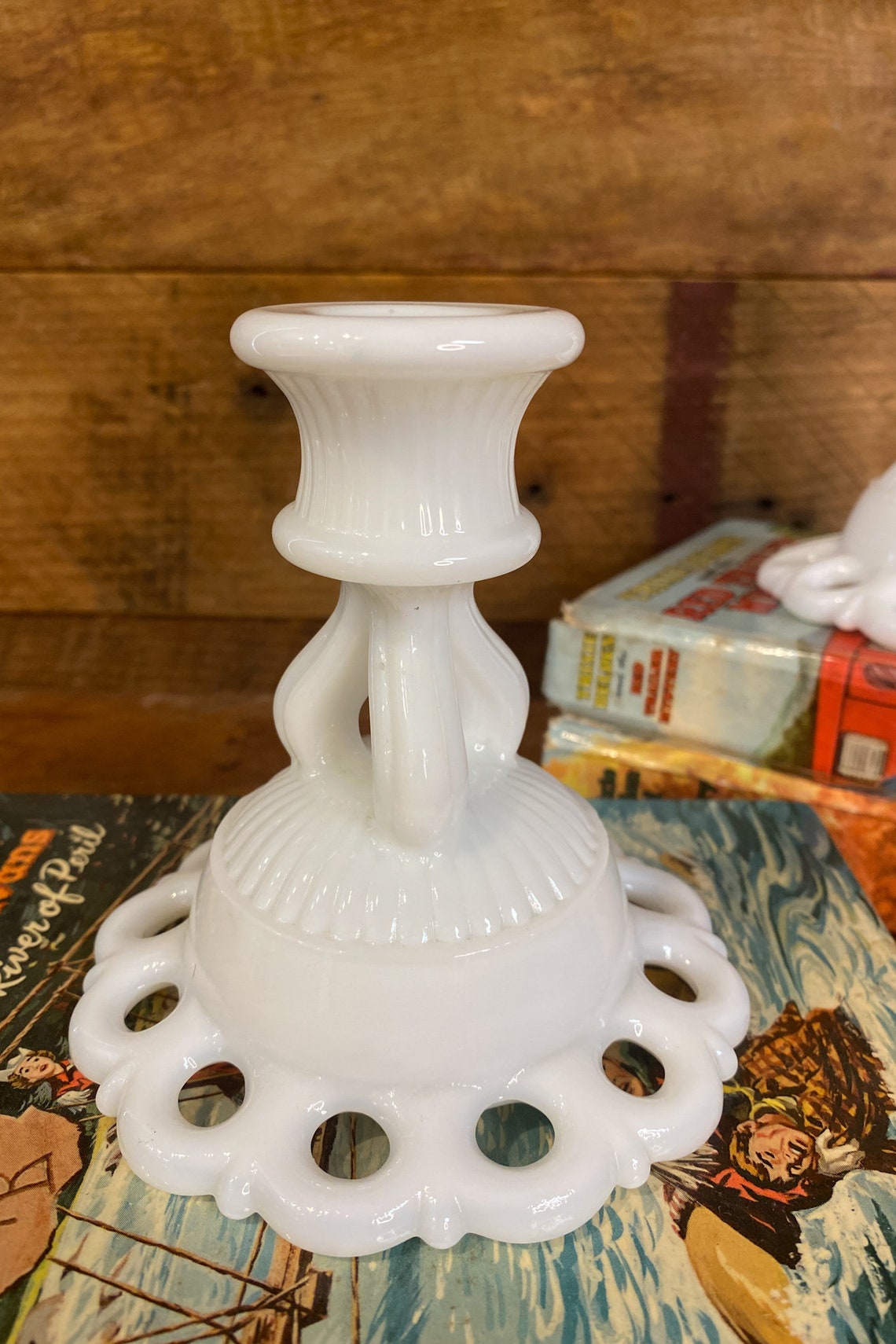 Doric Pattern Pair of Milk Glass Candle Holders, Vintage Decor, Shabby ...